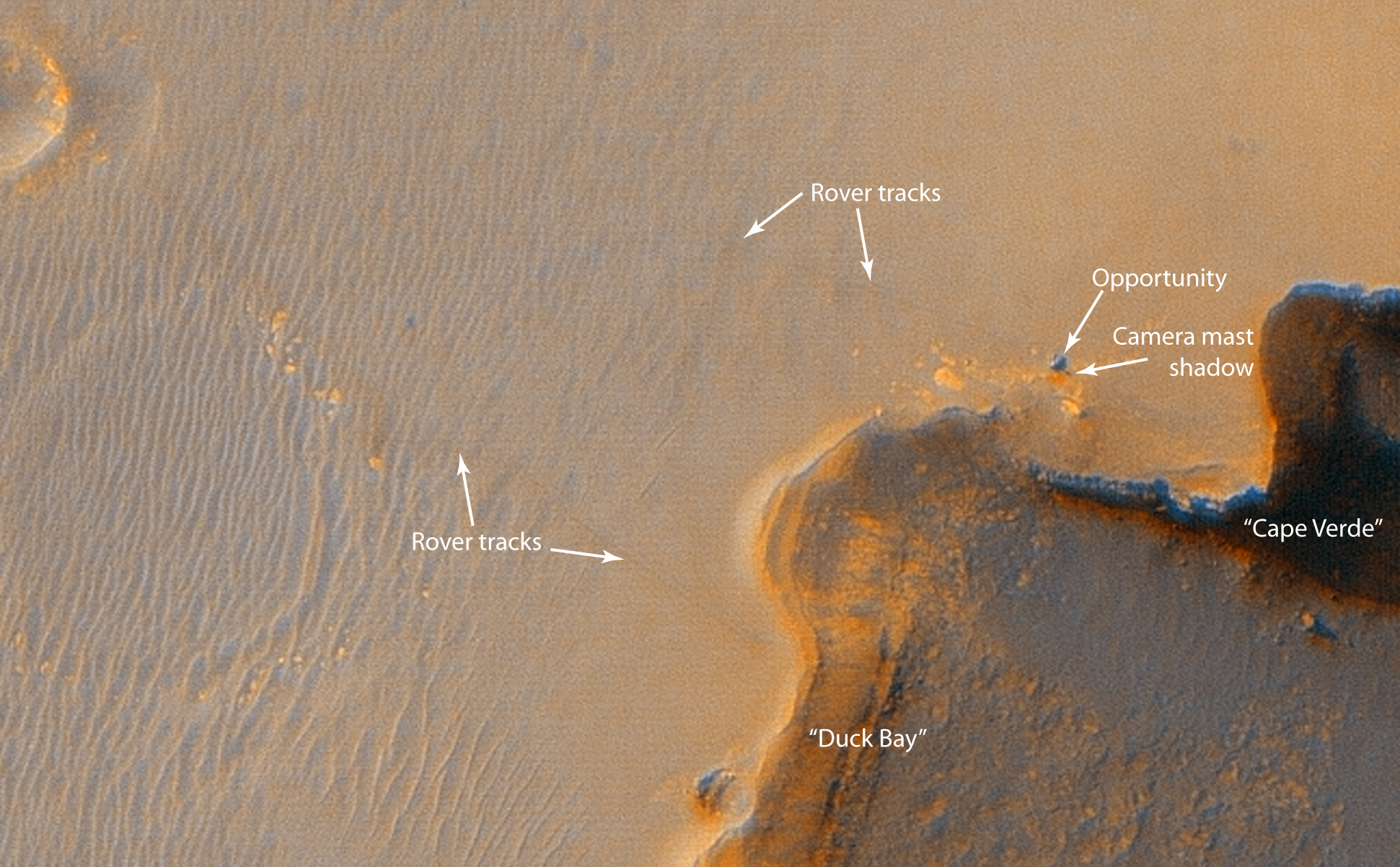 Opportunity at Crater's 'Cape Verde' (Annotated) – NASA Mars Exploration